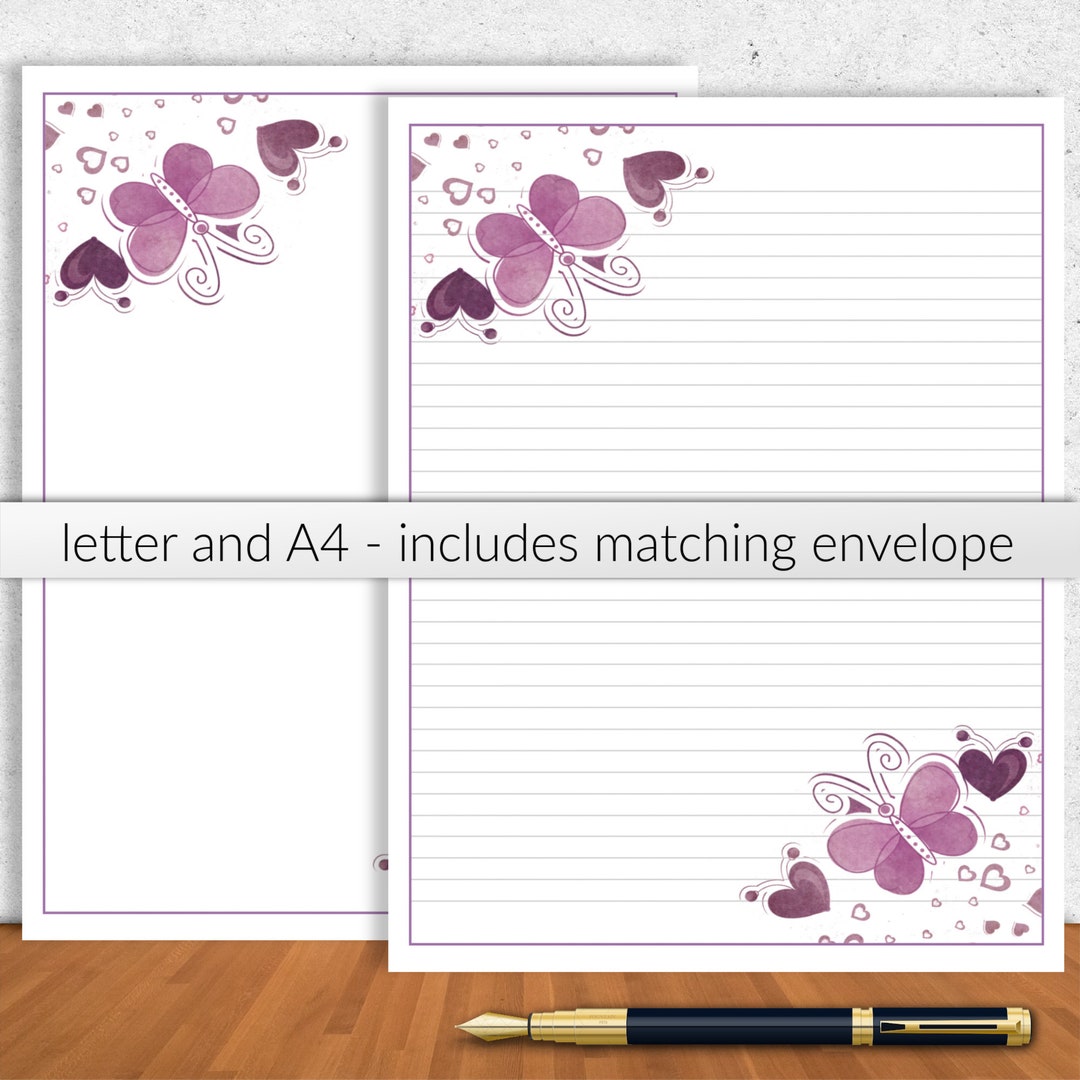 HEARTS & BUTTERFLIES Printable Stationery Set, Instant Download Writing ...
