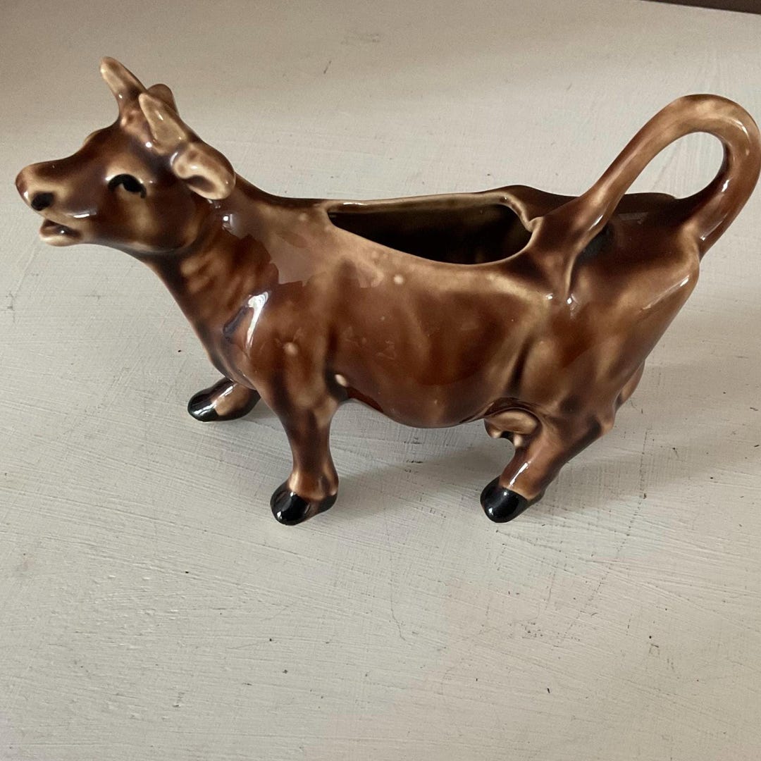 Vintage Ceramic Cow Milk Jug Brown Glaze - Etsy