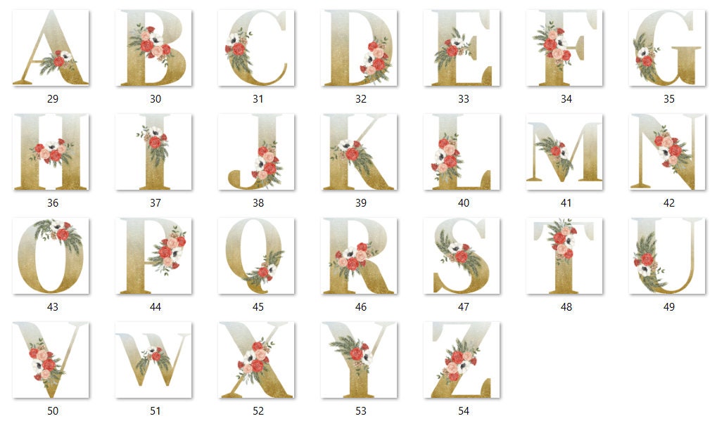 Wedding Font Gold Alphabet Floral Font Rose Alphabet - Etsy