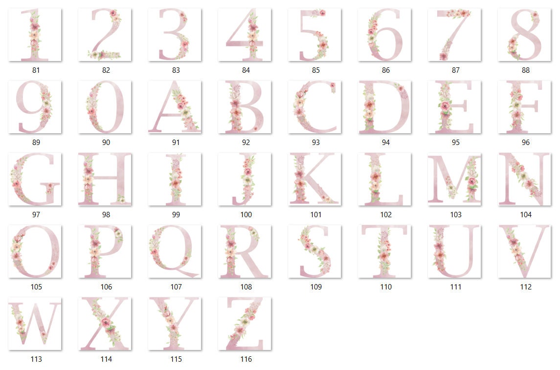 Wedding Font, Pink Alphabet, Pink Floral Font, Pink Numbers, Initials ...