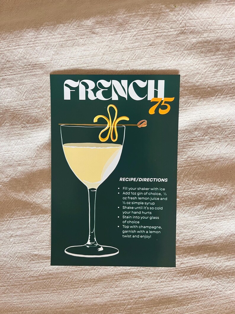 French 75 Cocktail Recipe Print | Art Deco Bar Cart Decor - Etsy