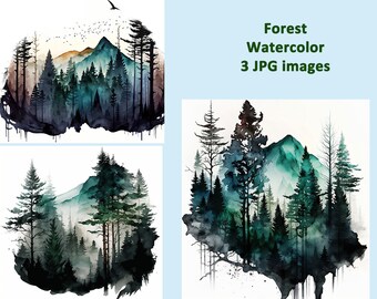 Watercolor Misty Pine Forest Landscapes. Winter Forest Scenery Clipart ...