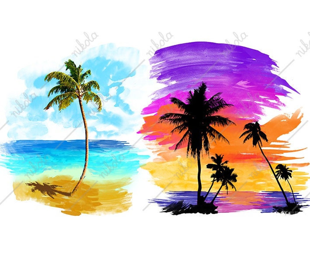 Summer Palm Tree, Watercolor, Sublimation, Clipart, Landscape, Sunset ...