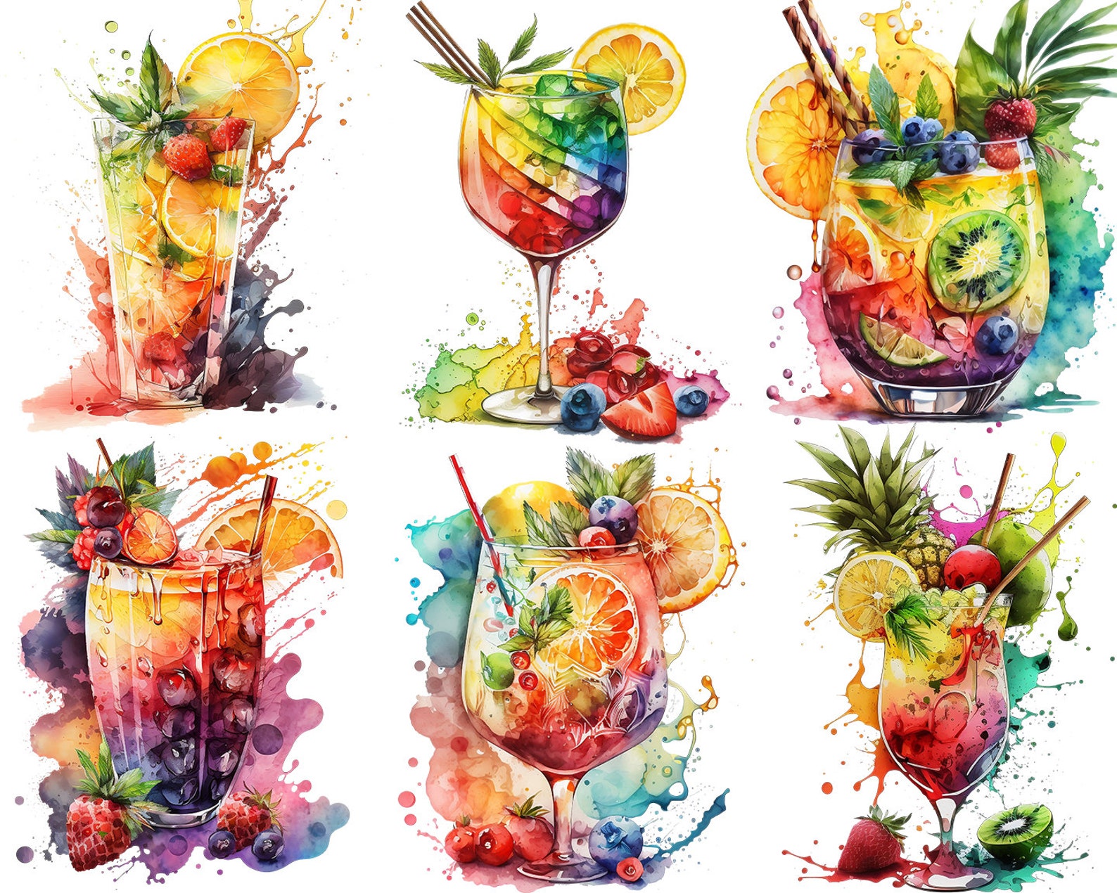 Cocktail Watercolor Clipart, 13 Transparent PNG Images, Colorful - Etsy