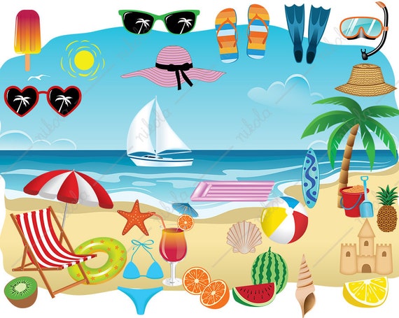 Beach Clipart Set Bundle Summer Tropical PNG Sea Ocean - Etsy