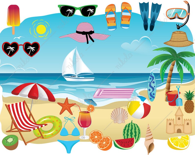 Beach Clipart Set, Bundle, Summer, Tropical, PNG, Sea, Ocean, Palm Tree ...
