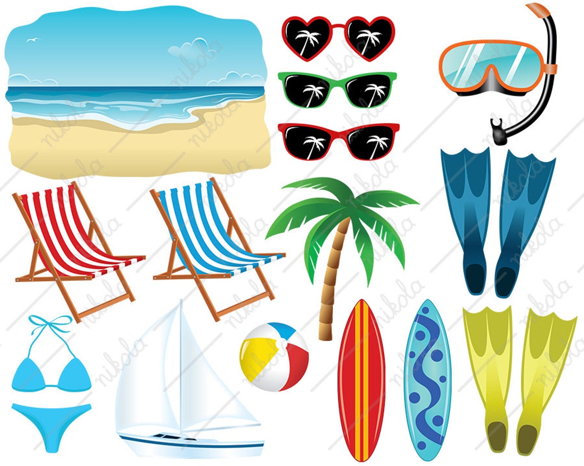 Beach Clipart Set, Bundle, Summer, Tropical, PNG, Sea, Ocean, Palm Tree ...
