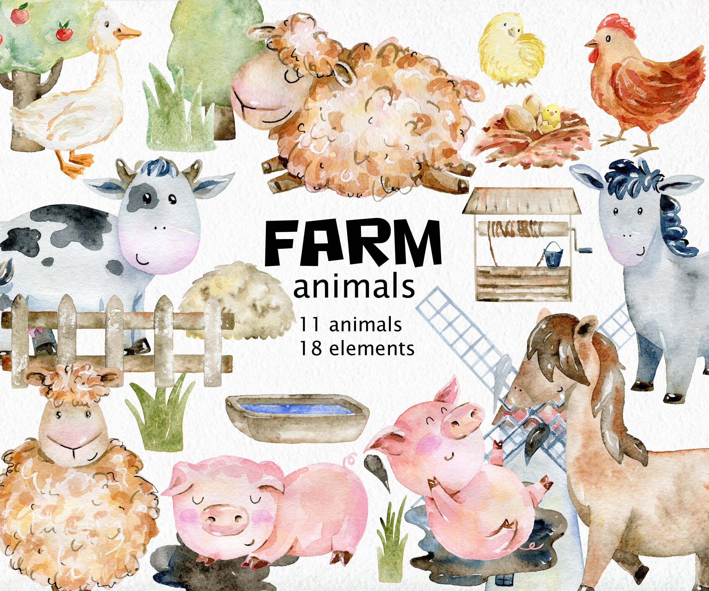 Watercolor Farm Animals Clipart Digital Download Animals | Etsy