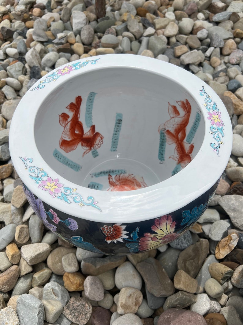 Large Black Floral Chinoiserie Porcelain Asian Koi Fish Bowl Planter ...