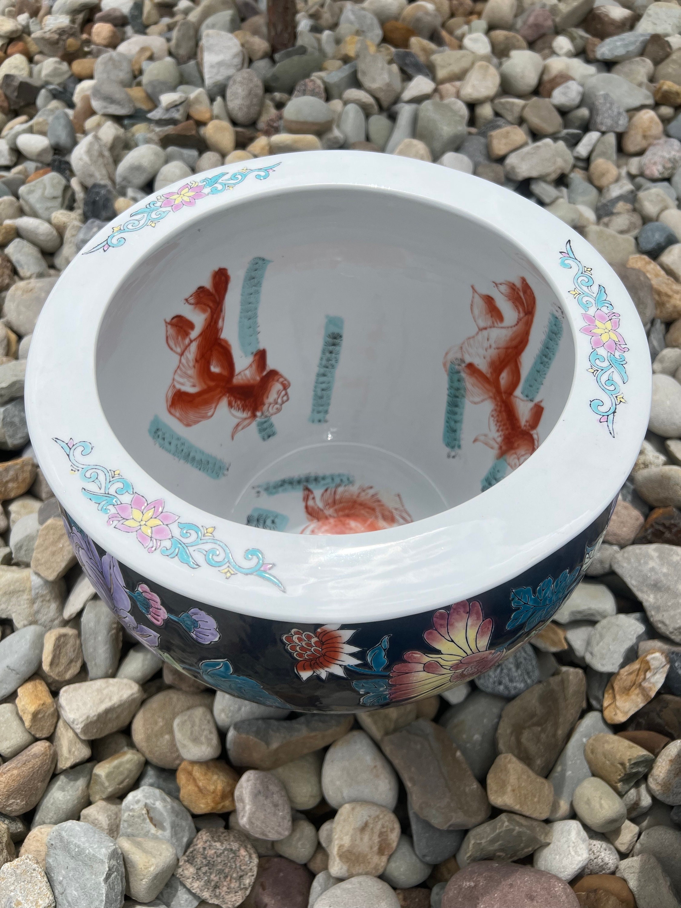 Large Black Floral Chinoiserie Porcelain Asian Koi Fish Bowl Planter ...