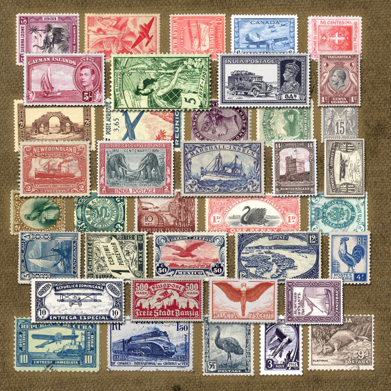 Printable Vintage Postage Stamps- Travel and Transport Themed - Digital ...