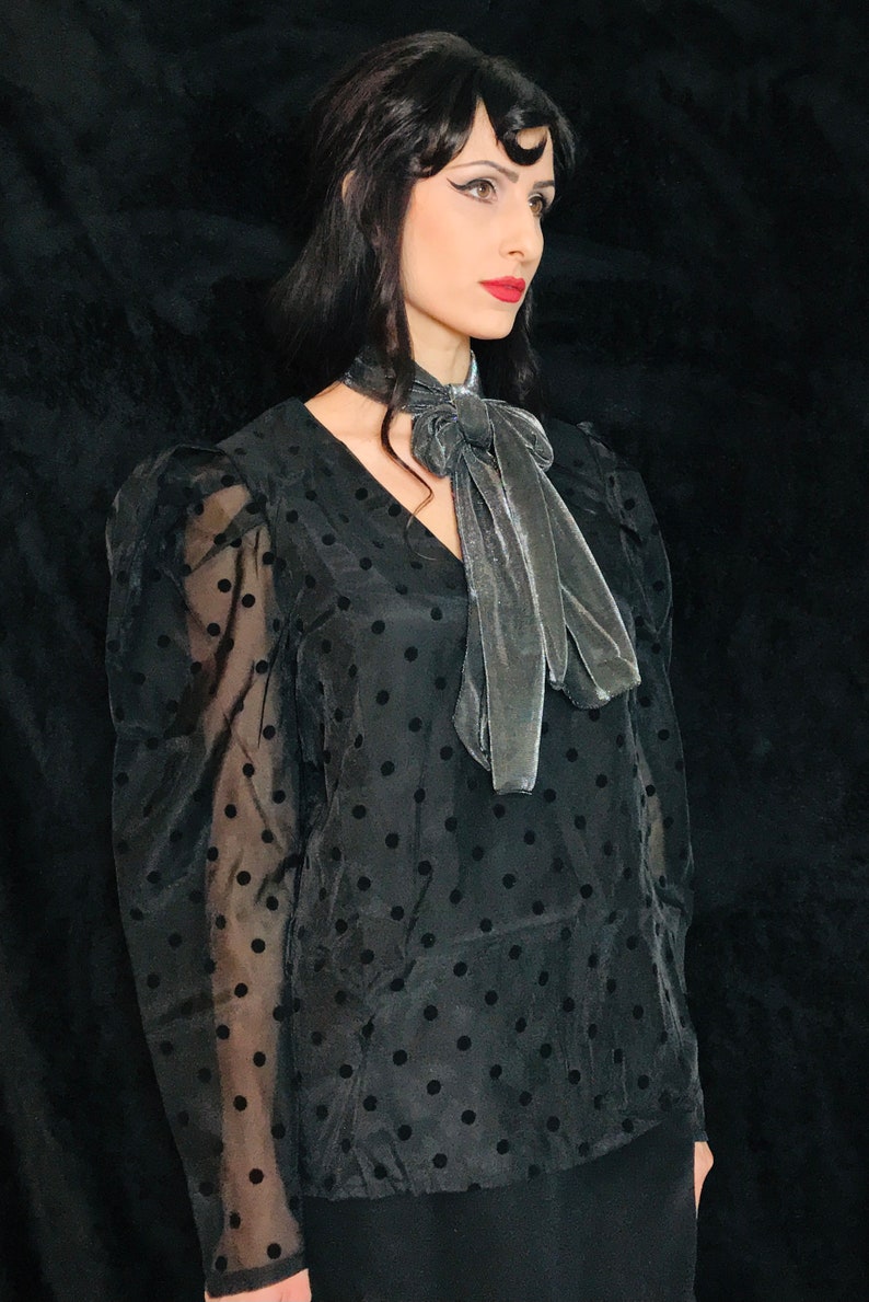 Black Long Sleeved Puffed Shoulder Blouse With Velvet | Etsy