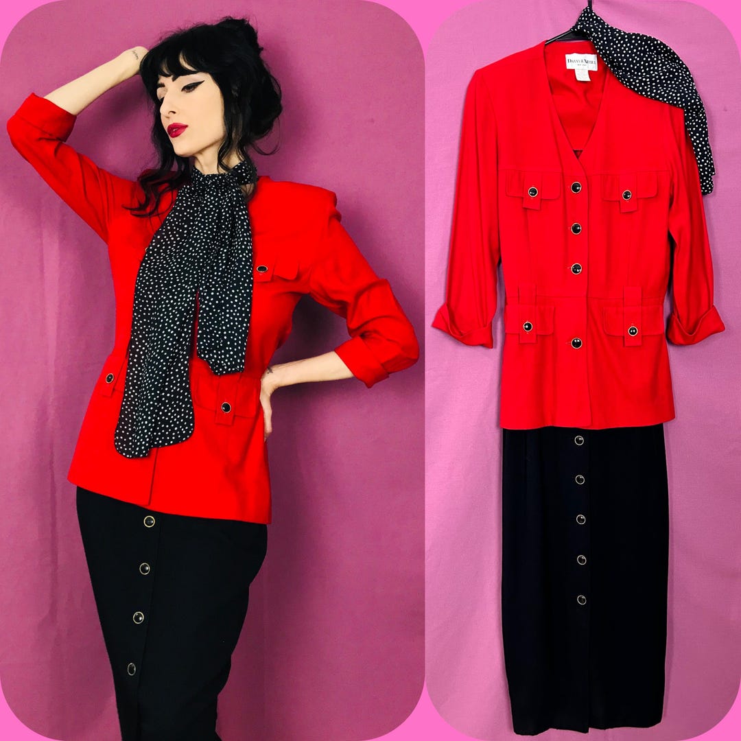 Vintage 80s Red and Black Suit Dress With Polka Dot Scarf Size 8 - Etsy