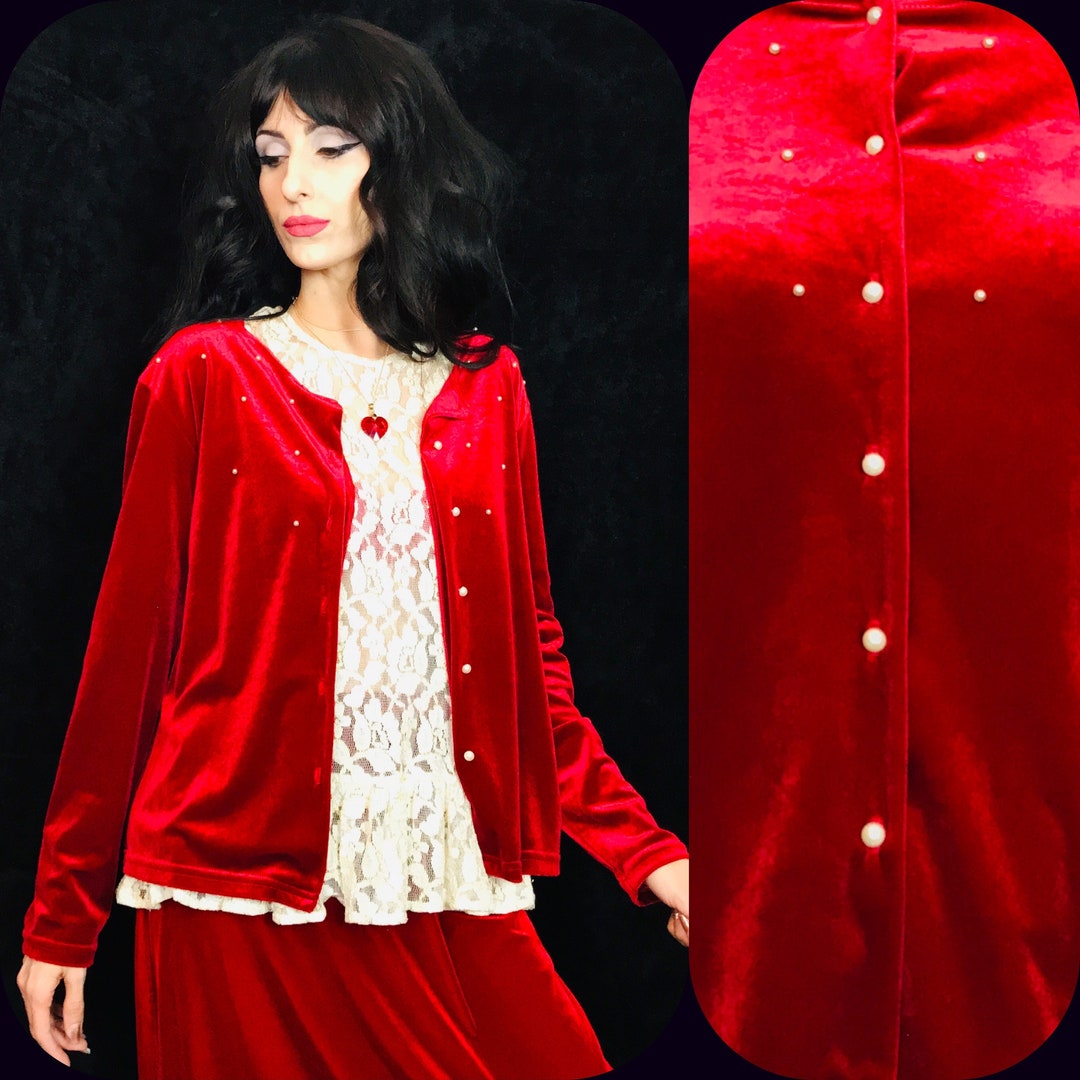 Vintage 90s Red Velvet Cardigan With Pearl-bead Embellishments Size M ...