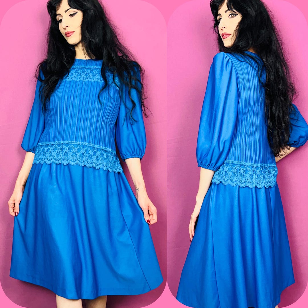 Vintage 70s/80s Blue Dress With Lace Size Medium - Etsy