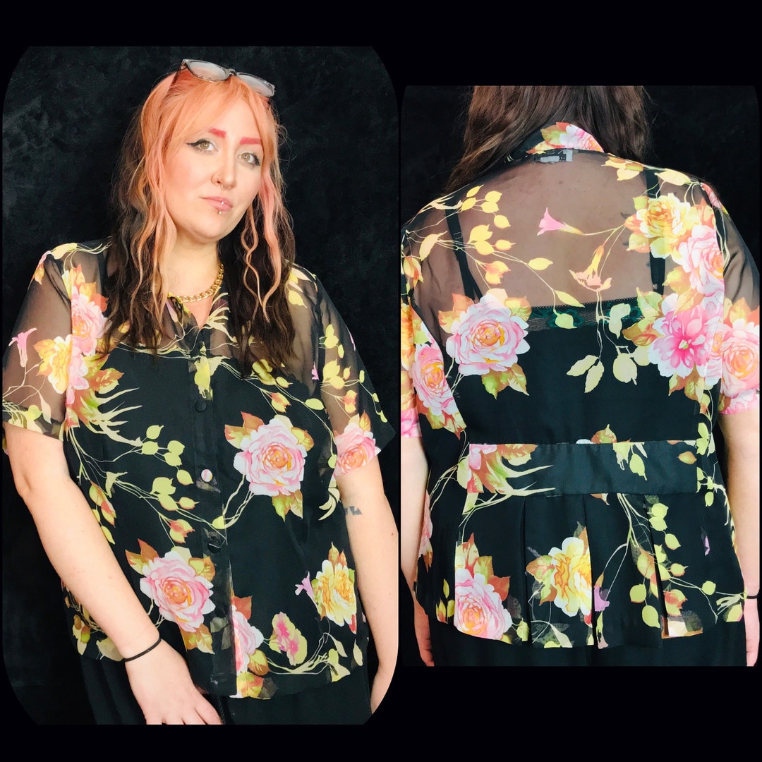 Vintage 80s Sheer Black Floral Blouse Size 2X - Etsy
