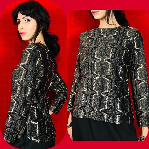 Vintage 60s Silver Sequin Metallic Mod Party Blouse S… - Gem
