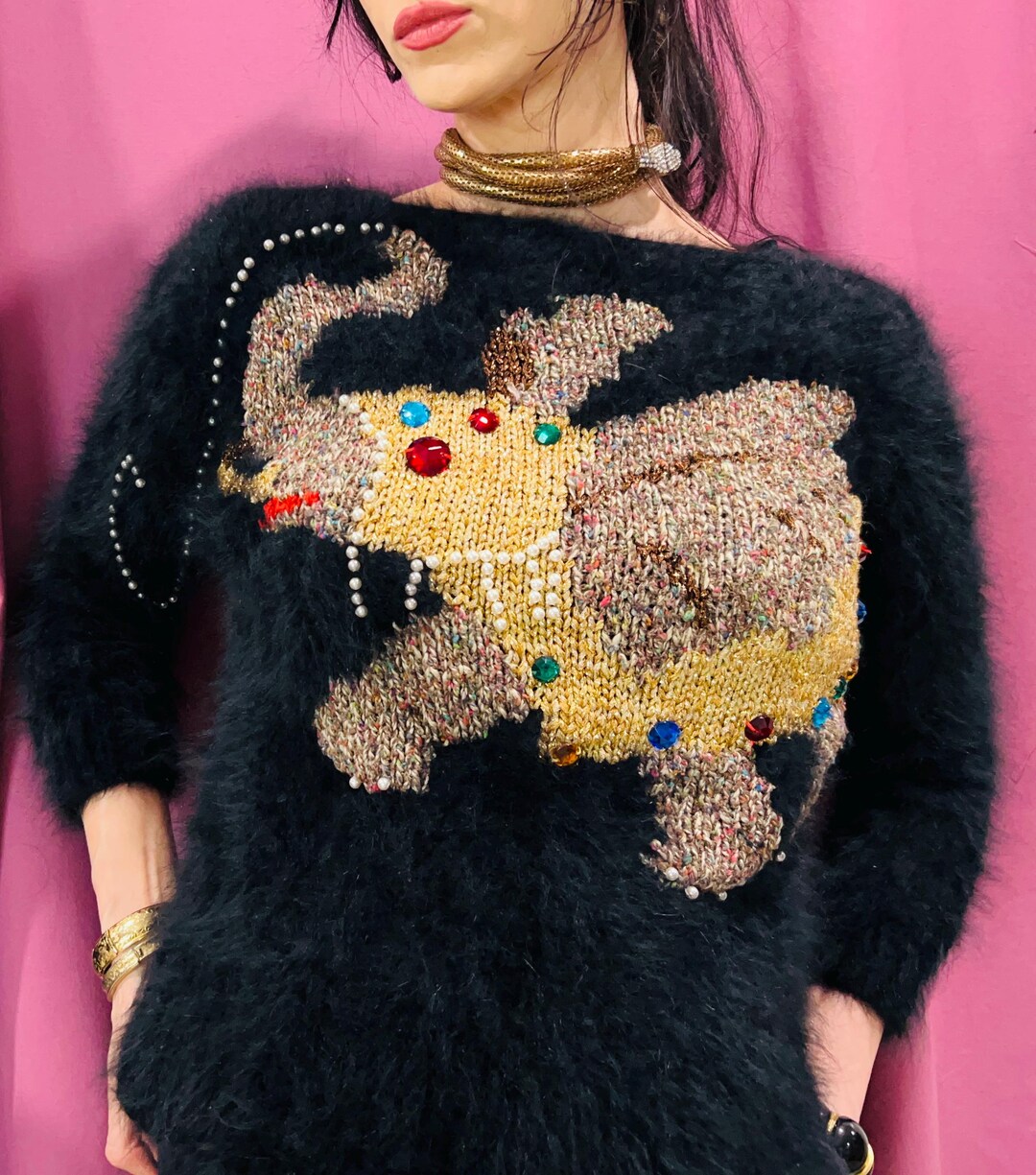 Vintage Bedazzled Elephant Woven Angora Hair Sweater - Fuzzy ...