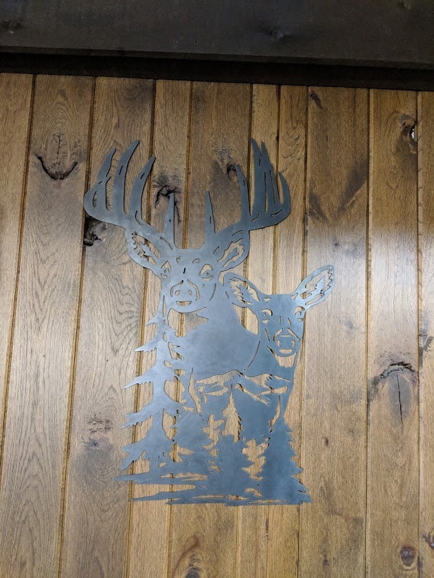 Deer Buck and Doe With Mountain and Woods Scene Metal Cutout - Etsy
