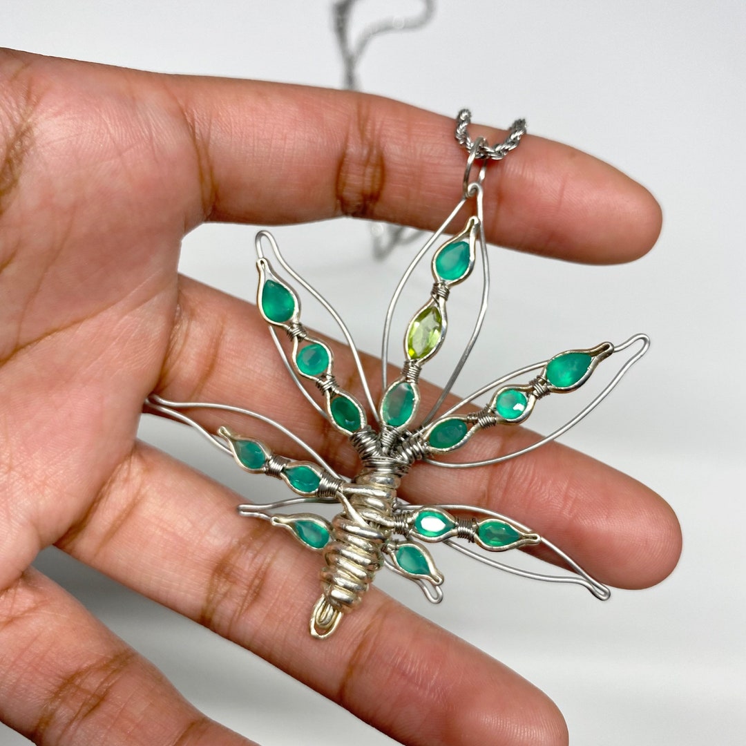 Green Onyx Peridot Stone Weed Leaf Wire Wrapped Handmade Pendant Chain ...