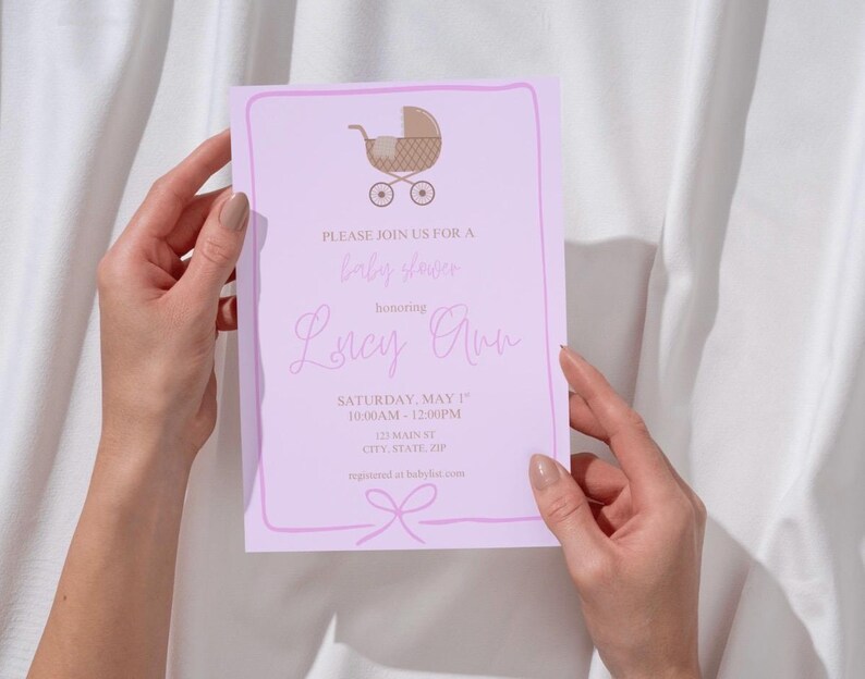 Editable Pink Baby Shower Invitation Template | Vintage Pram Baby Girl ...