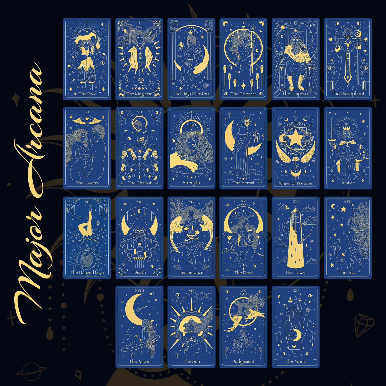 Tarot Deck 78 Cards DARK BLUE Gold FOIL, Tarot Deck With Guidebook ...