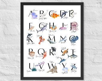 Under the Sea Alphabet Printable Art, Underwater Creatures Print for ...