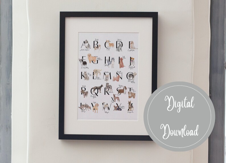 Printable Alphabet Dog Breeds Wall Art, Instant Download, Dog Nursery ...