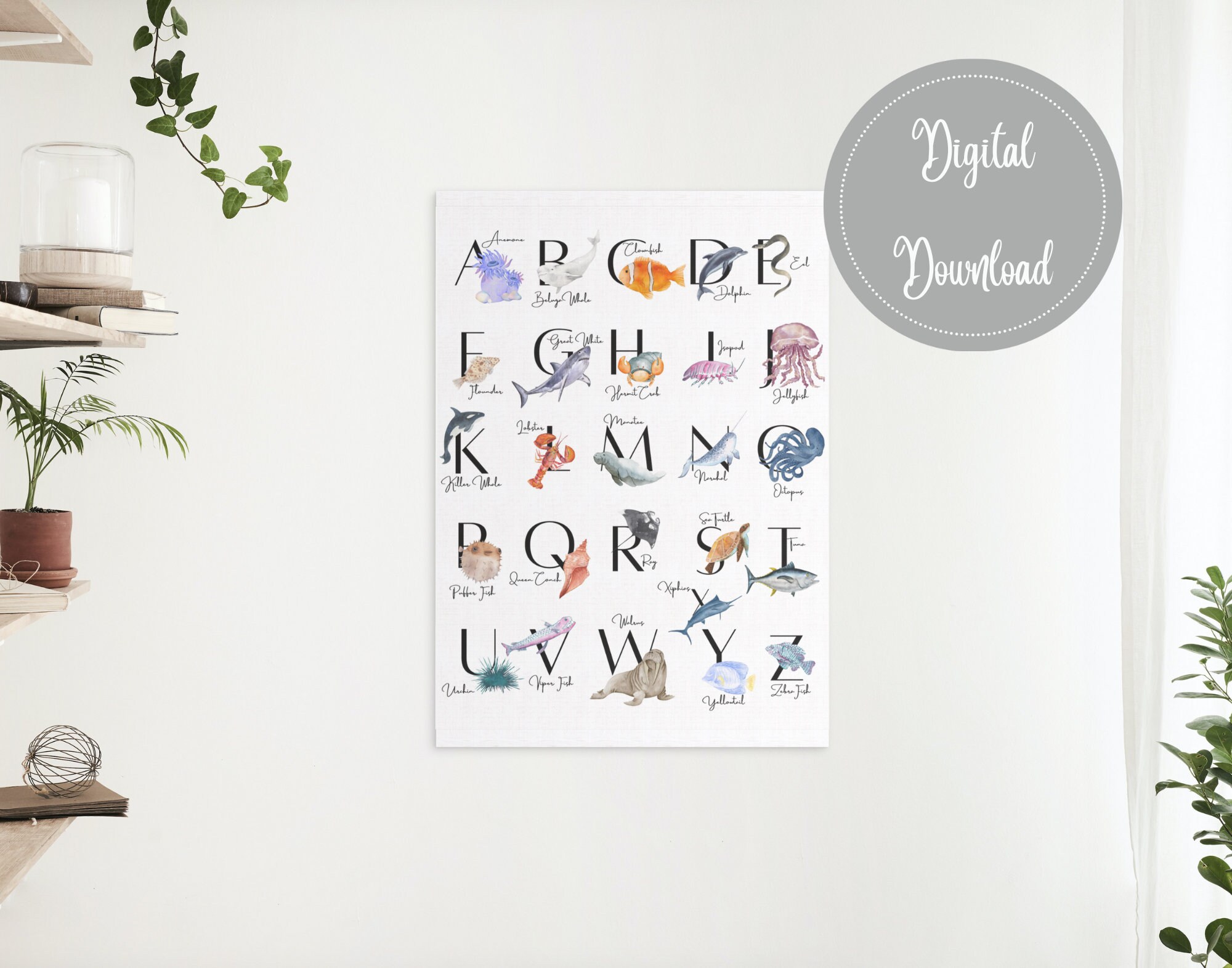 Printable Alphabet Sea Creatures Wall Art, Instant Download, Sea Animal ...