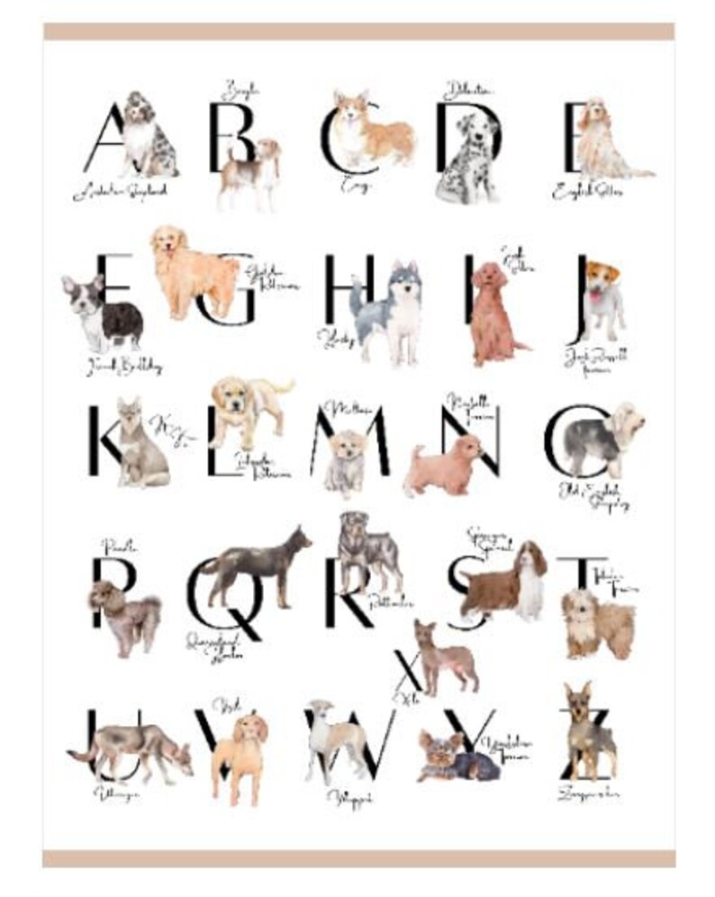 Hanging Canvas Alphabet Dog Breeds Wall Art, Dog Nursery Décor, Dog ...