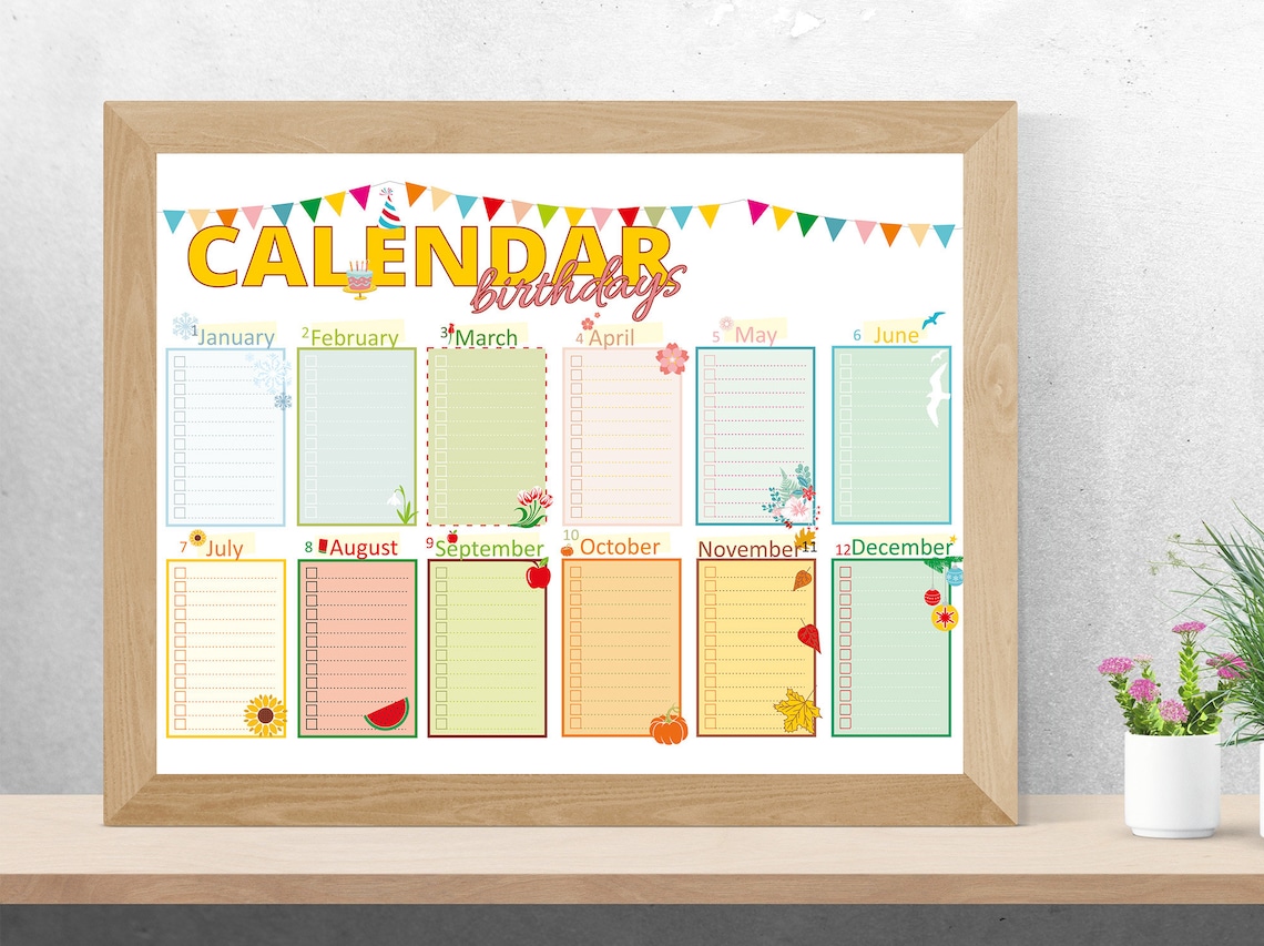 Birthday Calendar Printable Fillable Editable, Perpetual Calendar ...