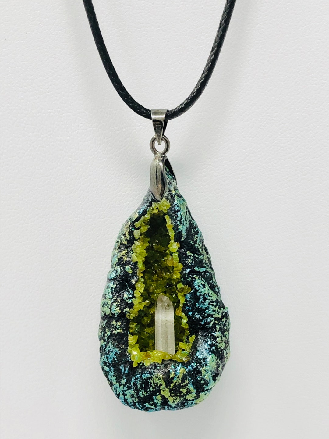 Recycled Paper Pulp Stone Geode Pendant Necklace With Clear Quartz ...