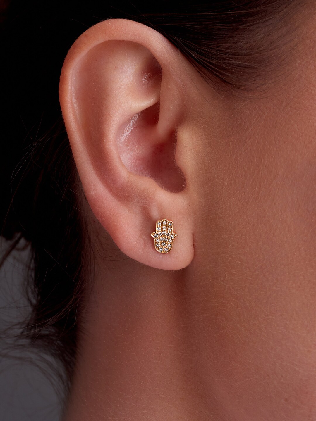 Diamond Hamsa Stud Earrings, 14K Gold Hand of God Studs, Genuine Diamond Earrings, Tiny Hamsa ...