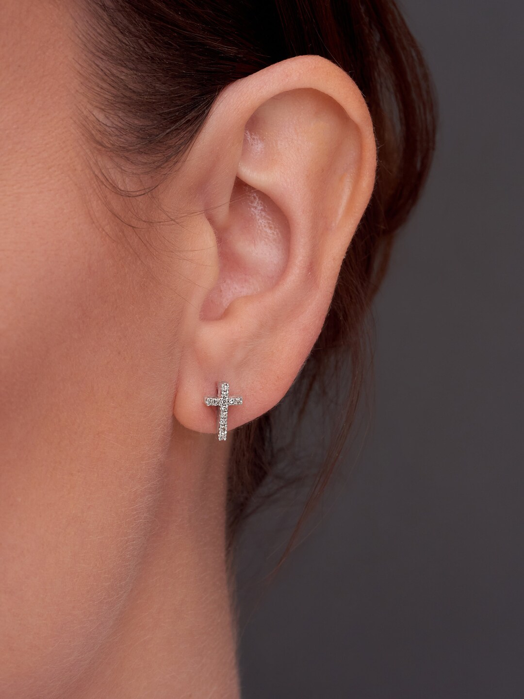 Diamond Cross Studs, 14K Gold Cross Earrings, Real Diamond Cross Studs, Christmas Gift for Her ...