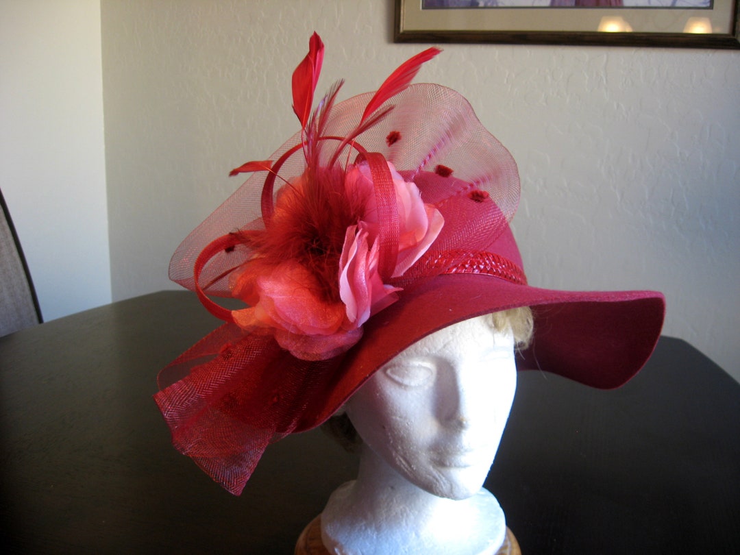 Fancy Wine Red Felt Hat W/flower, Feathers, Netting - Adjustable Size ...