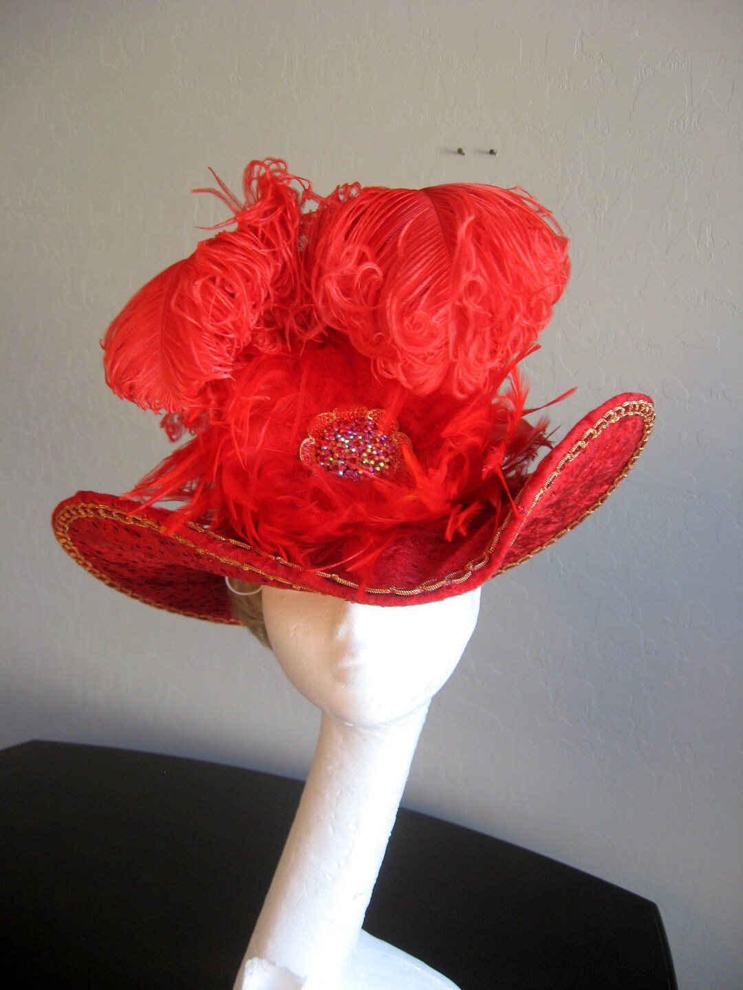 Victorian Style Red Hat W/ostrich Plumes and Red Rhinestone Pin - Etsy