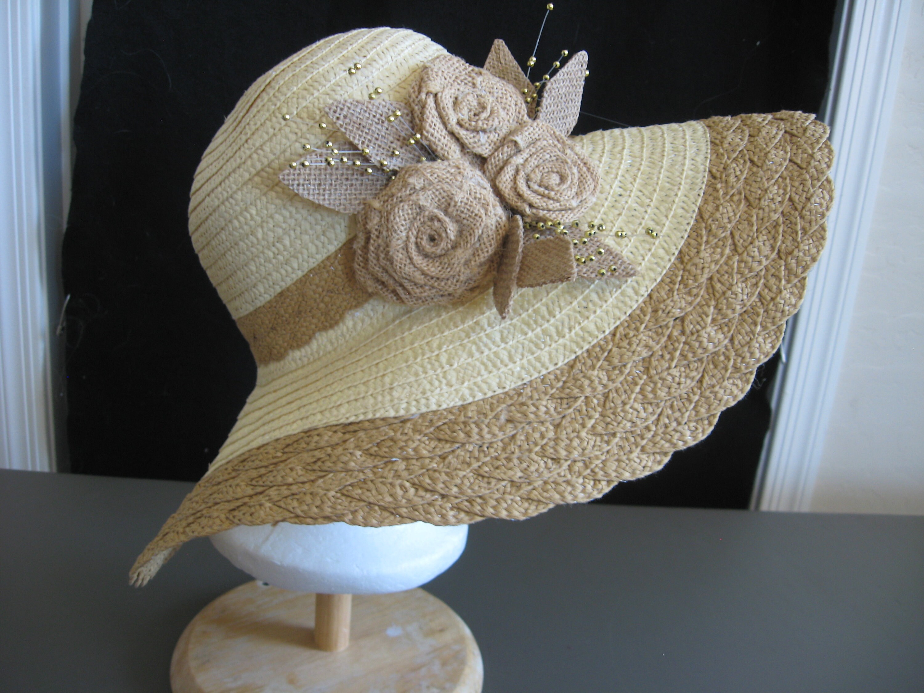 Two-tone "straw" Hat With Burlap Flowers - Etsy