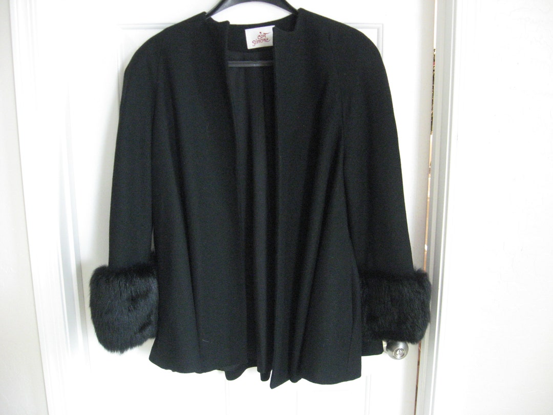 C'est Simone Vintage Black Wool Swing Jacket W/ Fox Cuffs Size 6/8 - Etsy