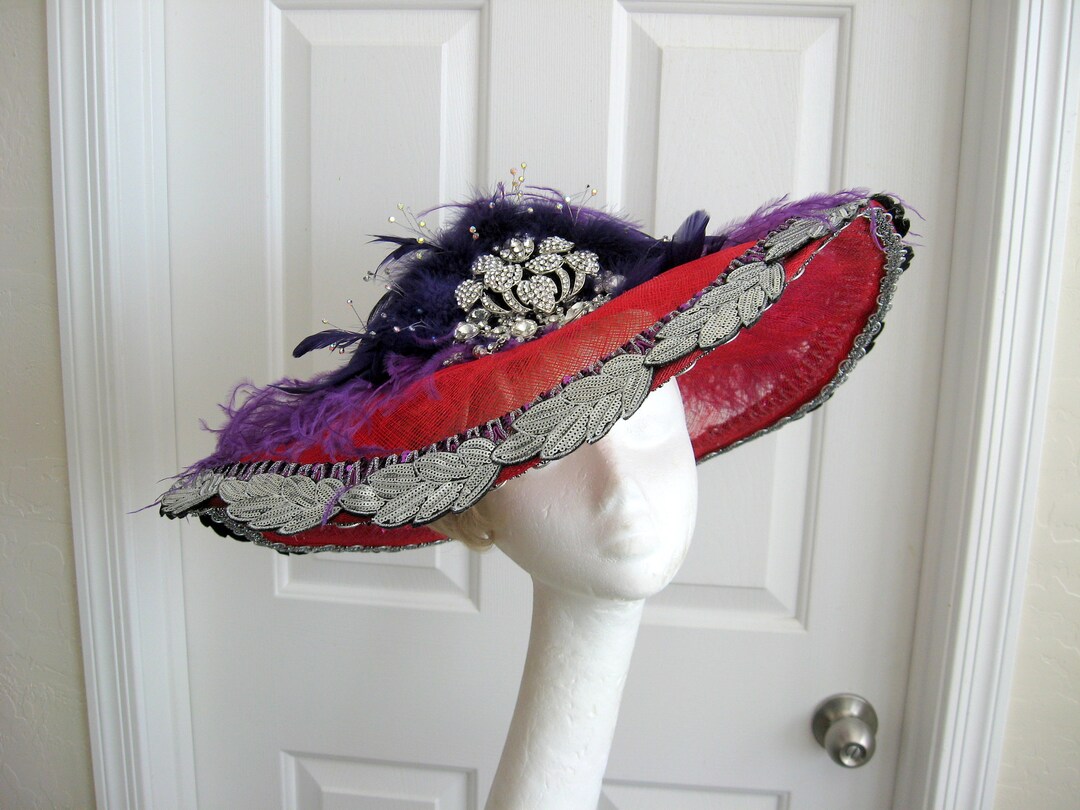 HUGE Red Hat W/purple Ostrich Plumes and Silver Trimmings - Etsy