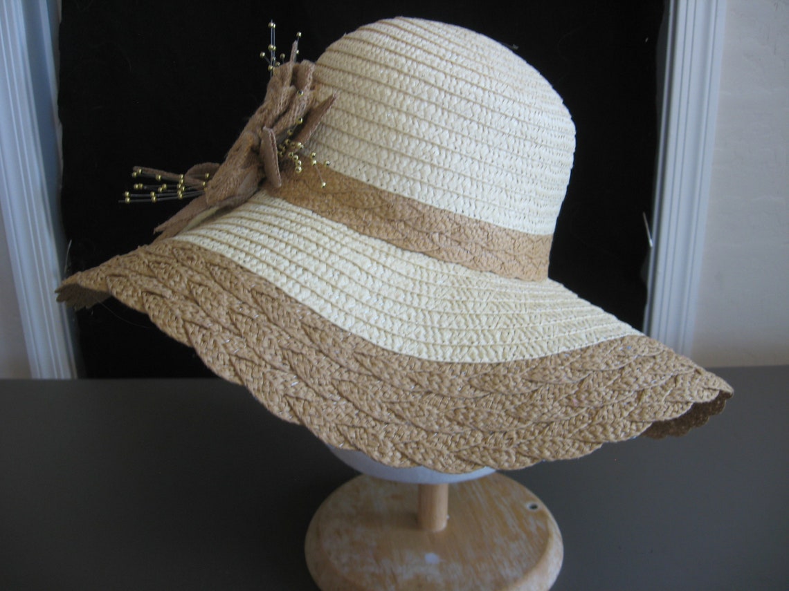 Two-tone "straw" Hat With Burlap Flowers - Etsy