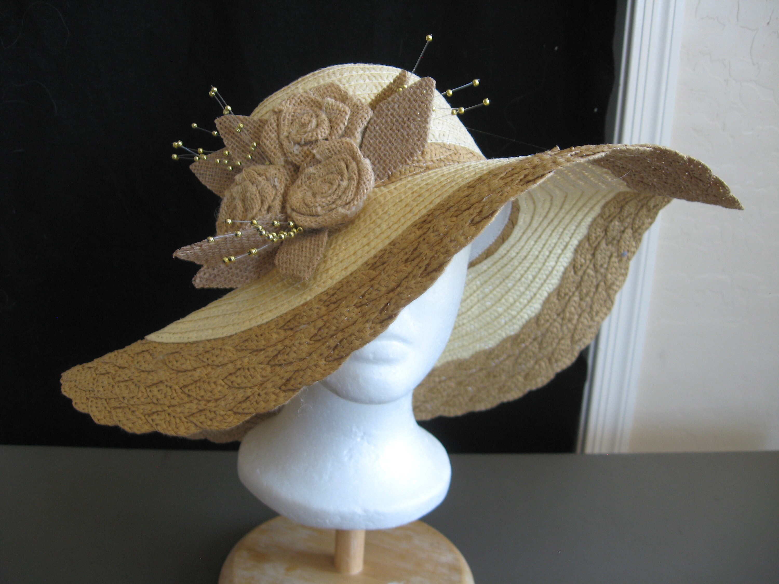 Two-tone "straw" Hat With Burlap Flowers - Etsy