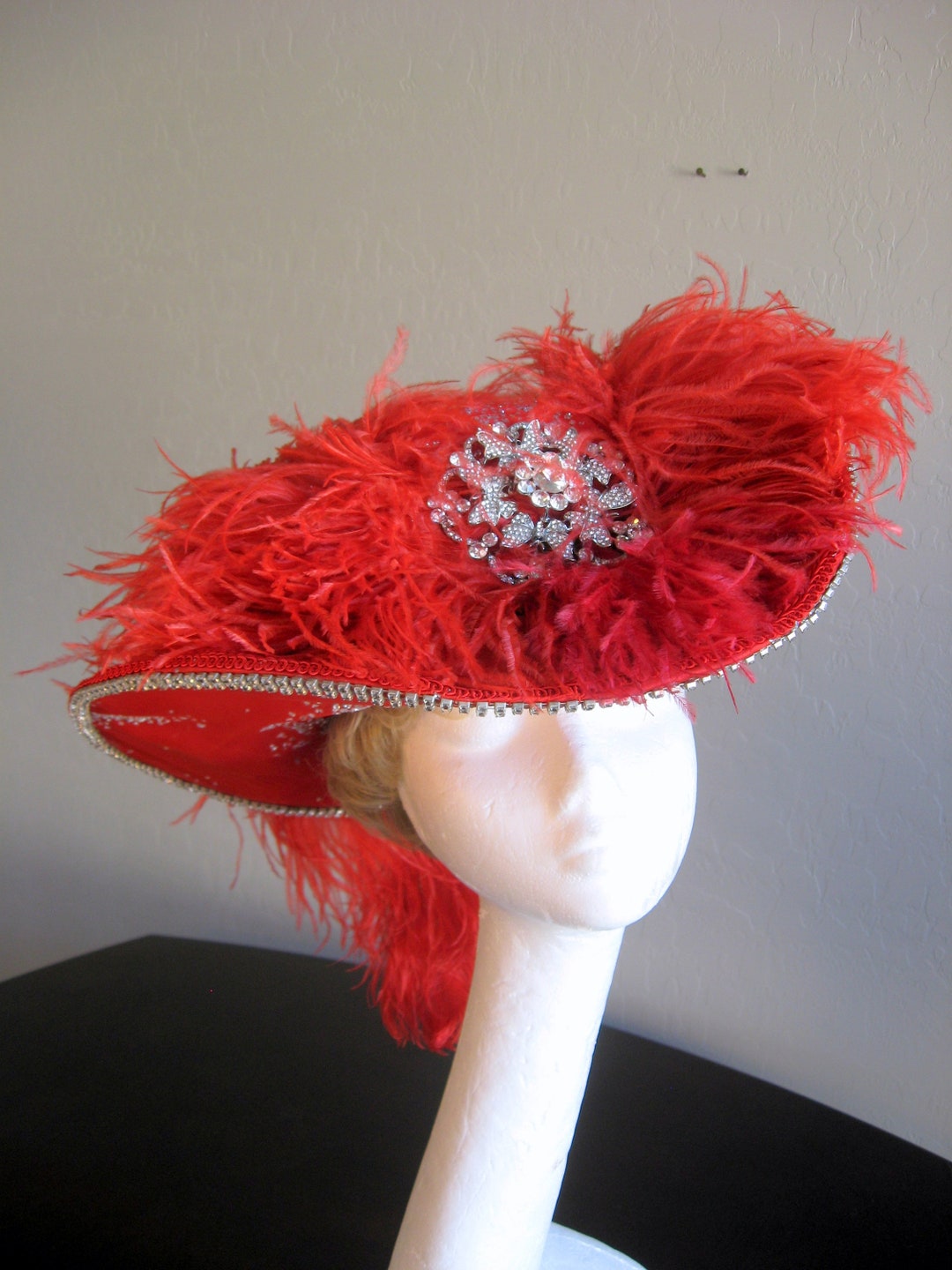 Victorian Style Red Hat W/ostrich Plumes and Rhinestones - Etsy