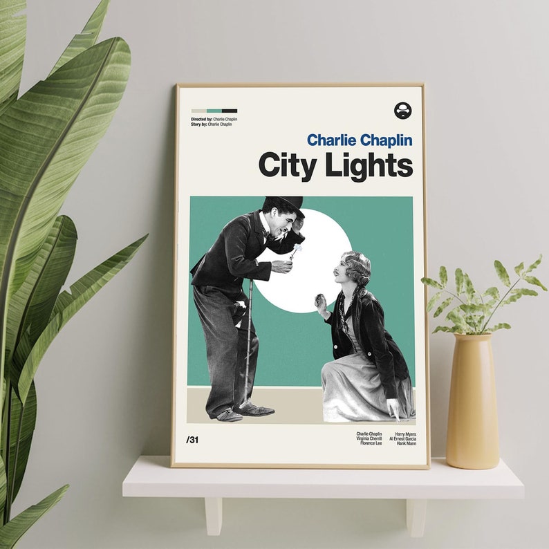 City Lights Poster, Mid Century Modern Movie Poster, Vintage Minimalist ...