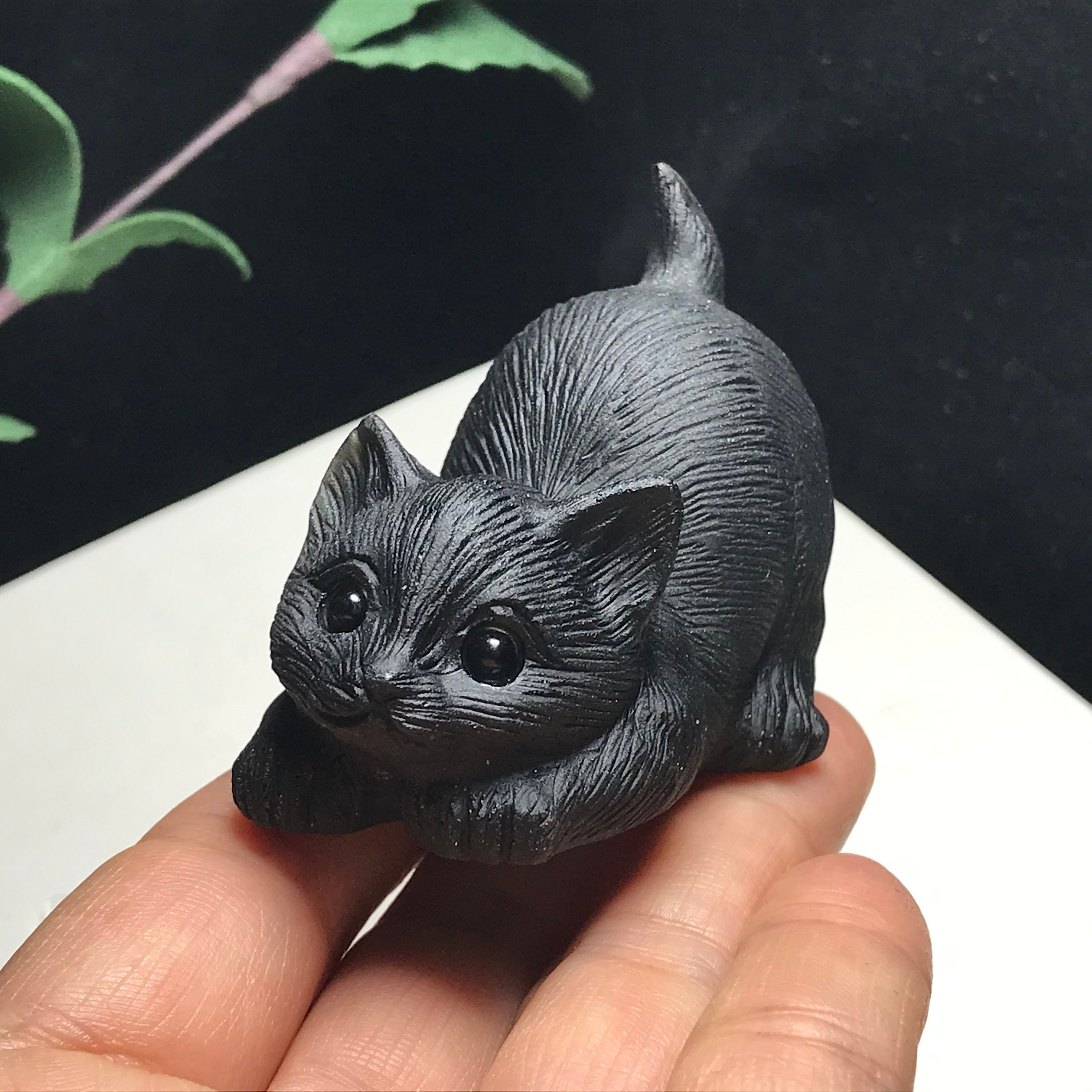Natural Obsidian Carved Cat quartz Crystal Kitten Figurine - Etsy