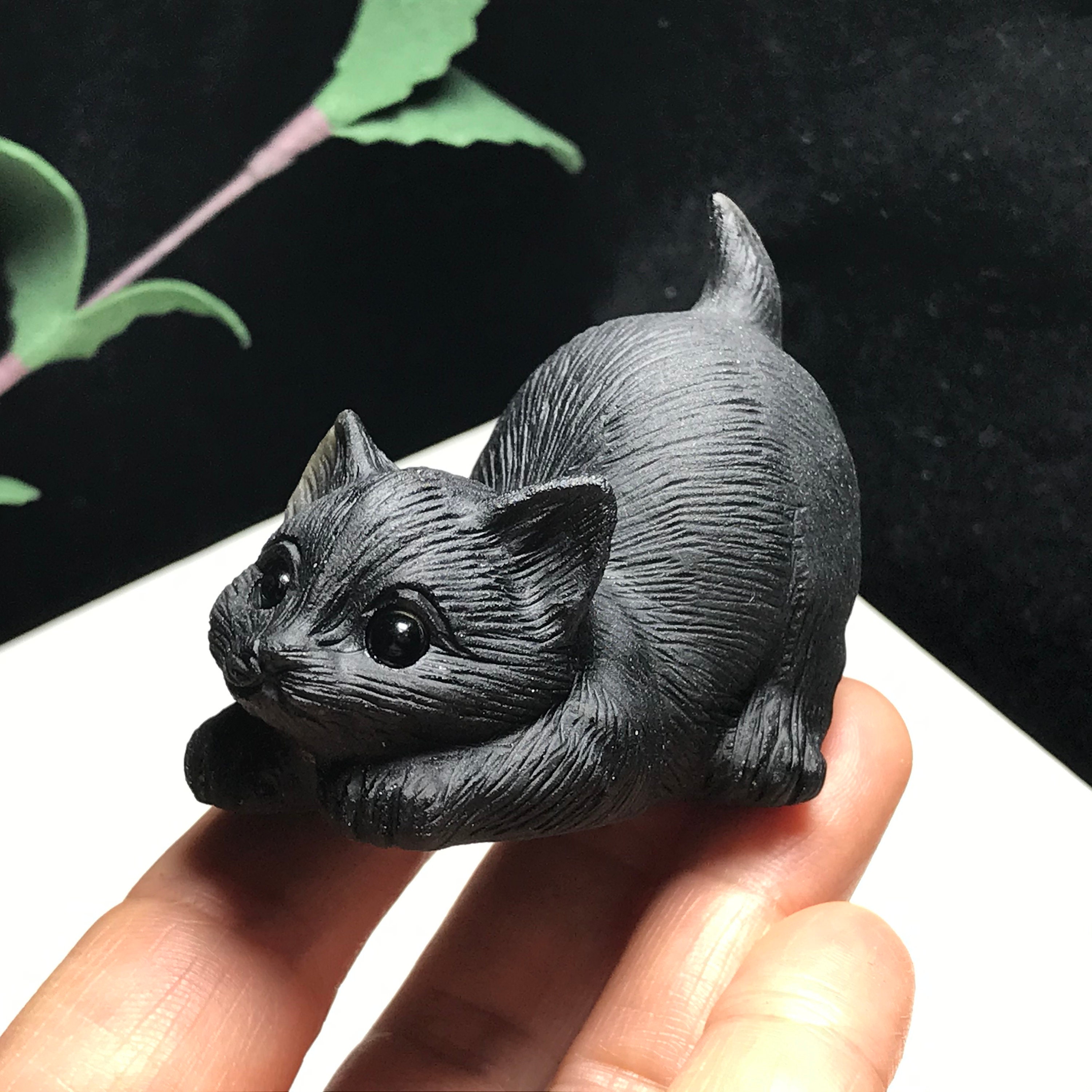 Natural Obsidian Carved Cat quartz Crystal Kitten Figurine - Etsy