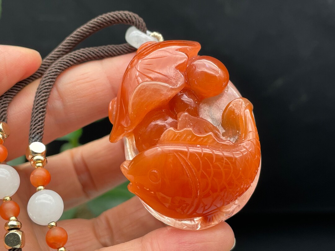 Natural Red Rutilated, Crystal Pendant ,carved Lotus Leaf and Fish ...