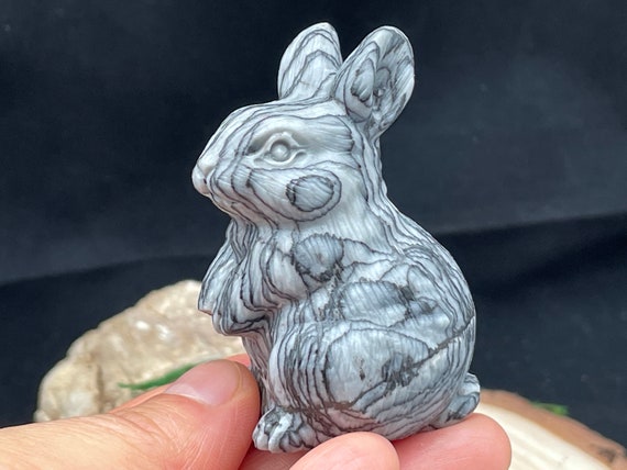 Black Network Stone Carved Rabbit quartz Crystal Kitten | Etsy