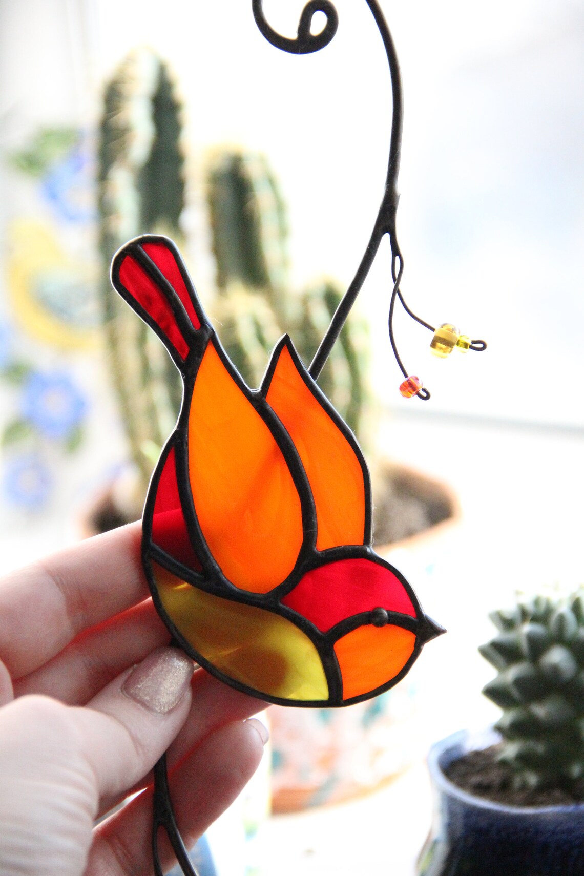 Suncatcher stained glass red bird | Etsy