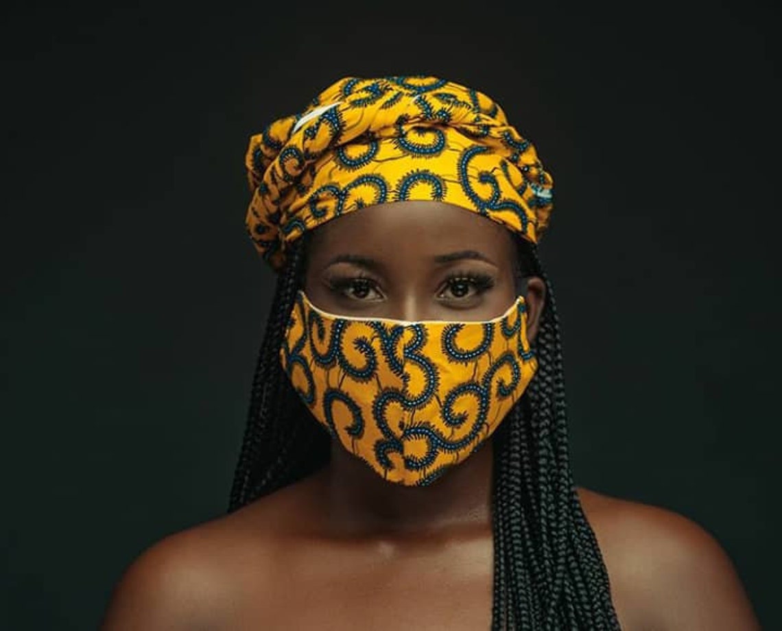 African Face Mask With Head Wrap Set Reusable Authentic Yellow - Etsy
