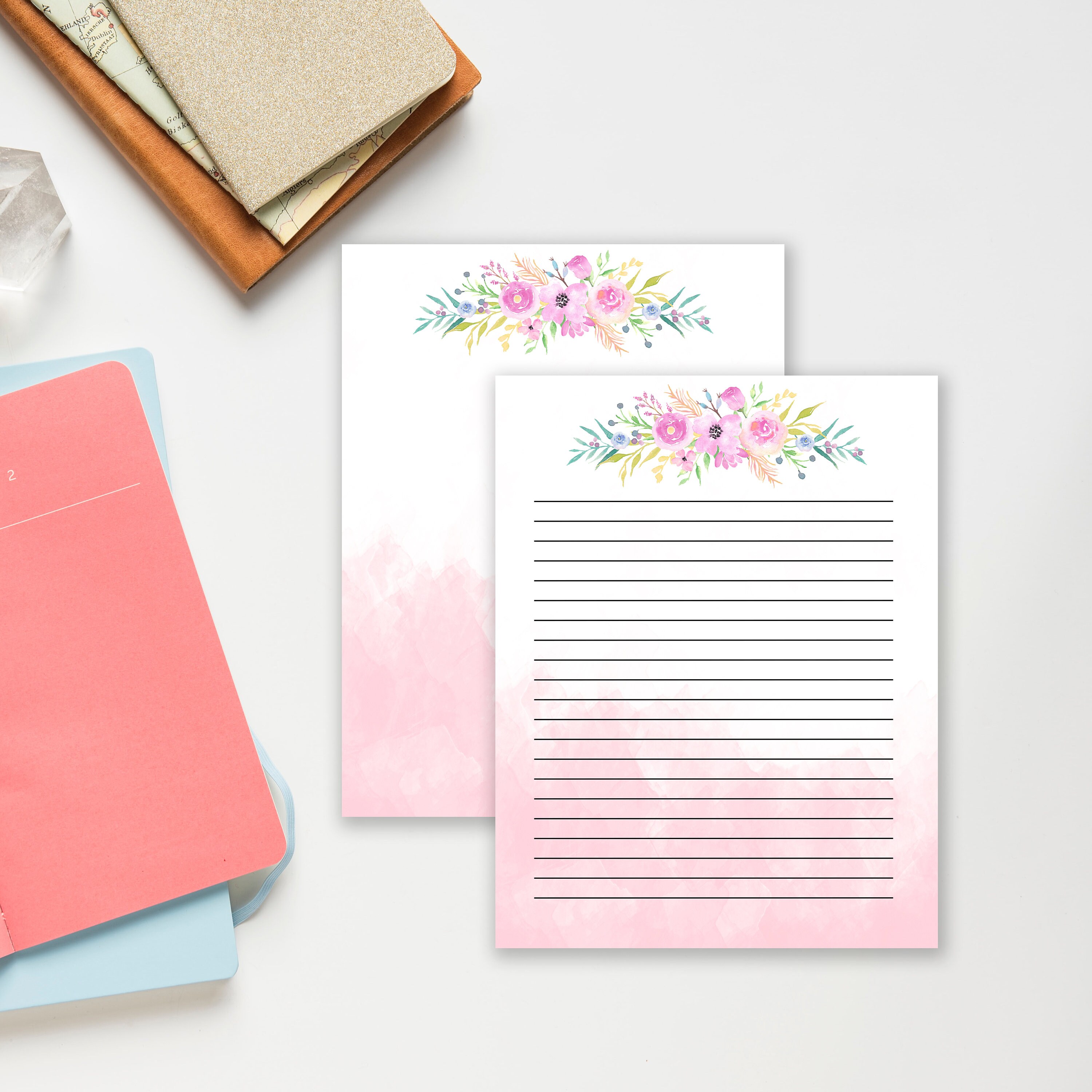 Pink Watercolor Floral Stationary Printable Digital | Etsy